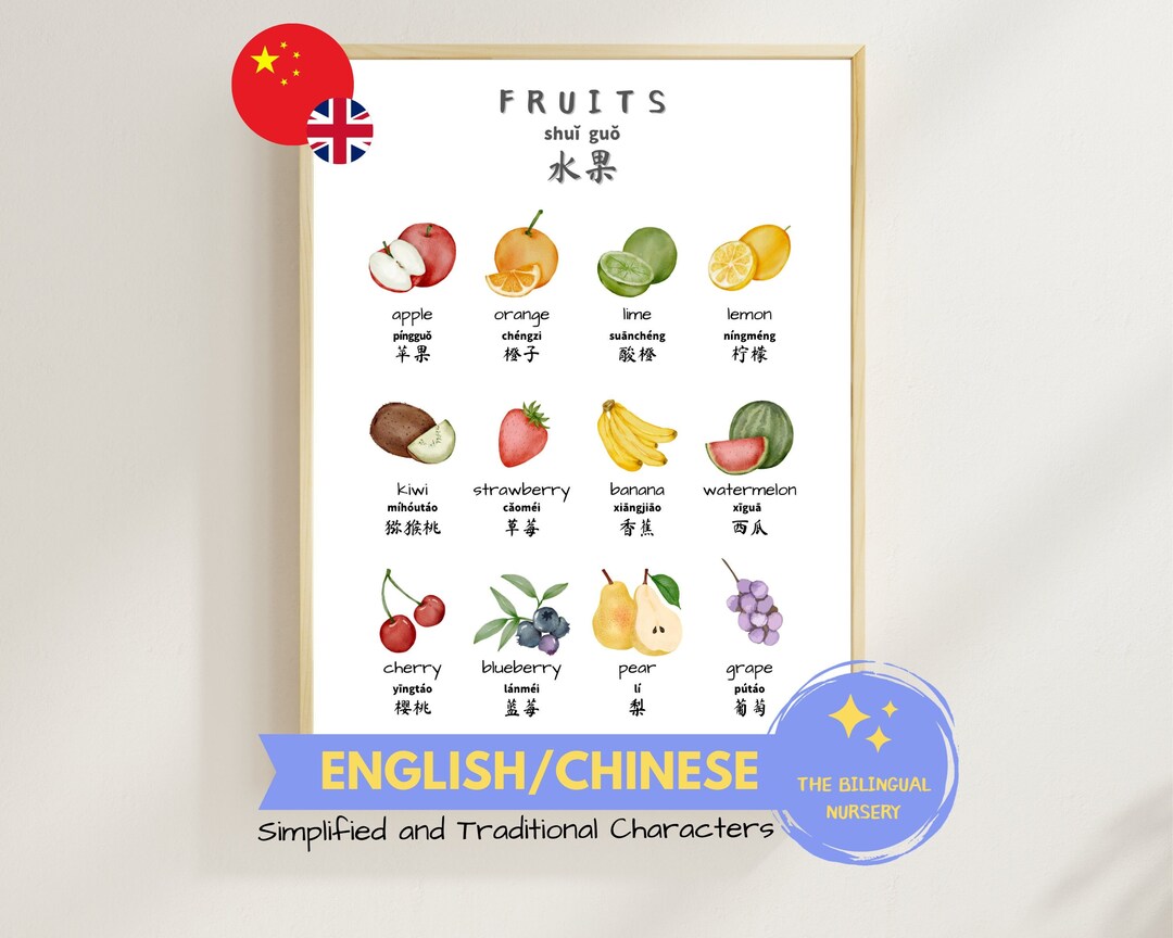FRUITS ENGLISH/CHINESE Bilingual Poster Instant Download Educational ...