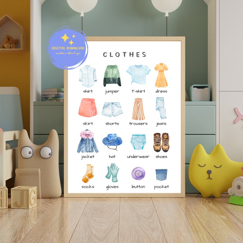 Clothes ENGLISH Poster Instant Download Montessori Kids Children ...