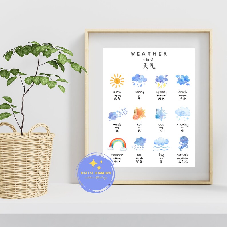 WEATHER ENGLISH/CHINESE Bilingual Instant Download Educational Poster ...