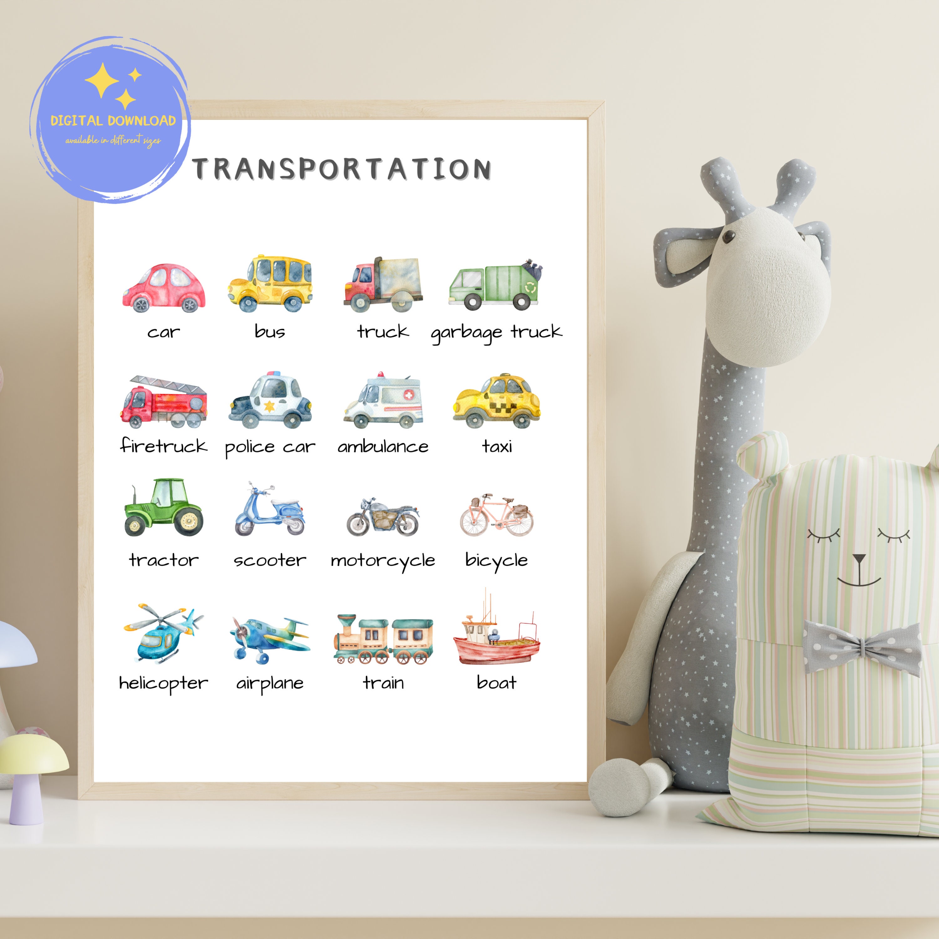 Transportation ENGLISH Vehicles Poster Cars Poster Homeschool Instant ...