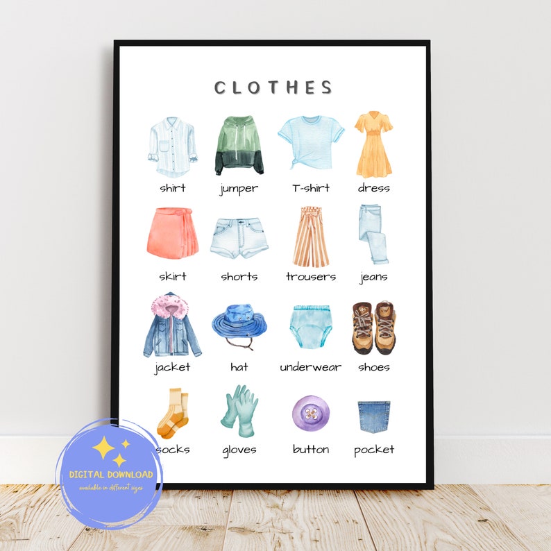 Clothes ENGLISH Poster Instant Download Montessori Kids Children ...