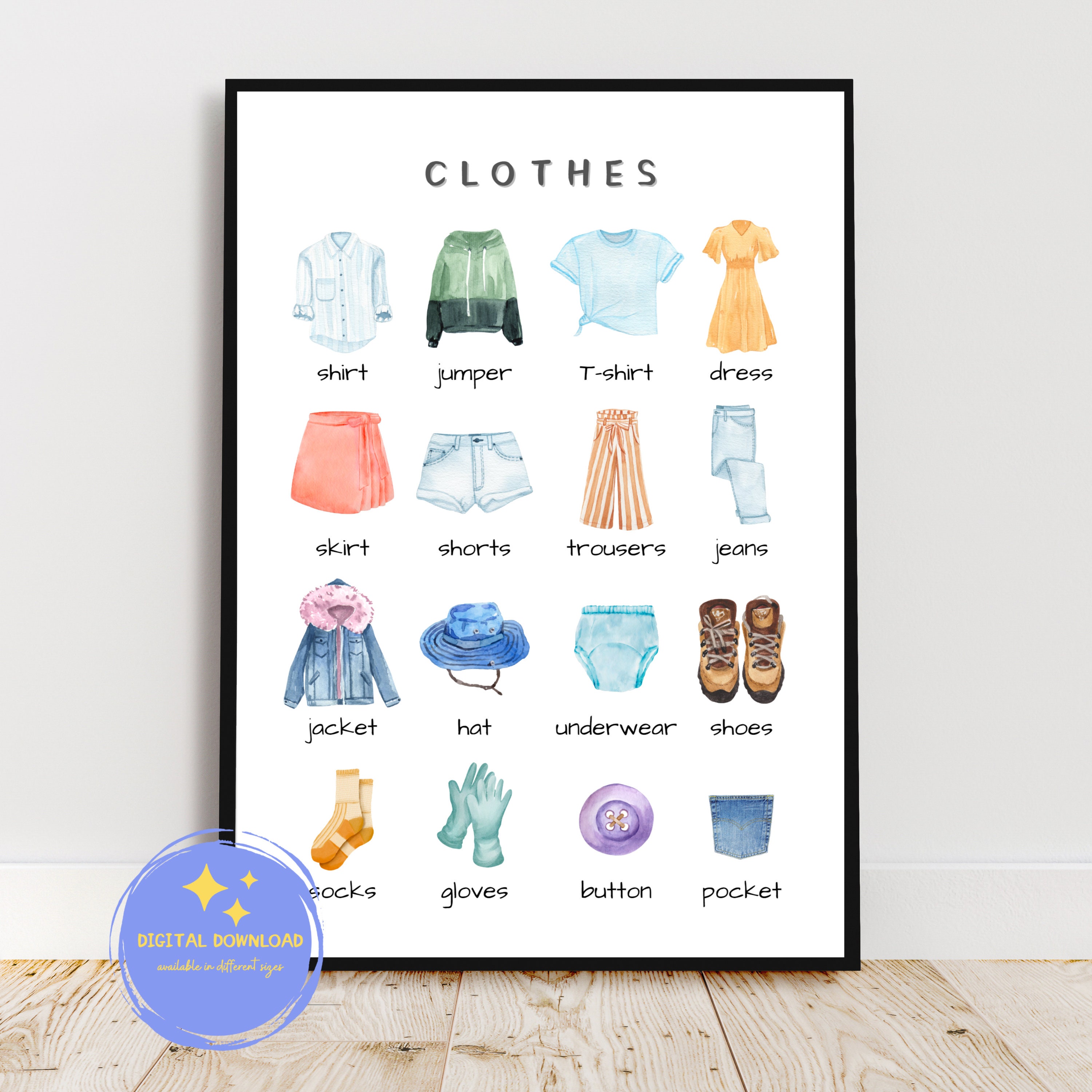 Clothes ENGLISH Poster Instant Download Montessori Kids Children ...