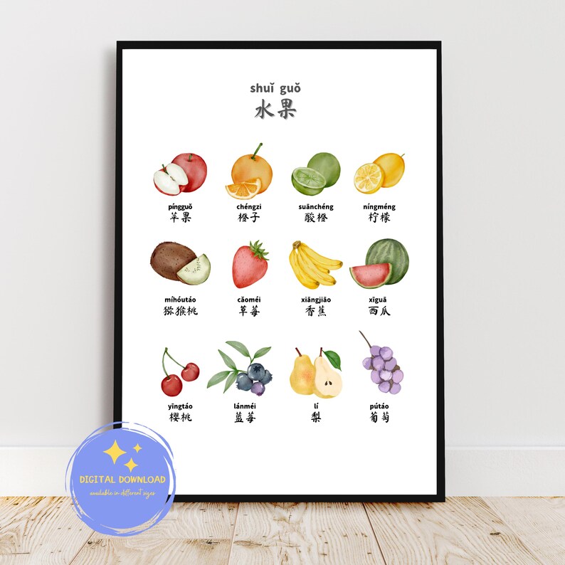 FRUITS CHINESE Instant Download Educational Poster Montessori Children ...