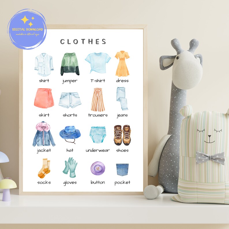 Clothes ENGLISH Poster Instant Download Montessori Kids Children ...