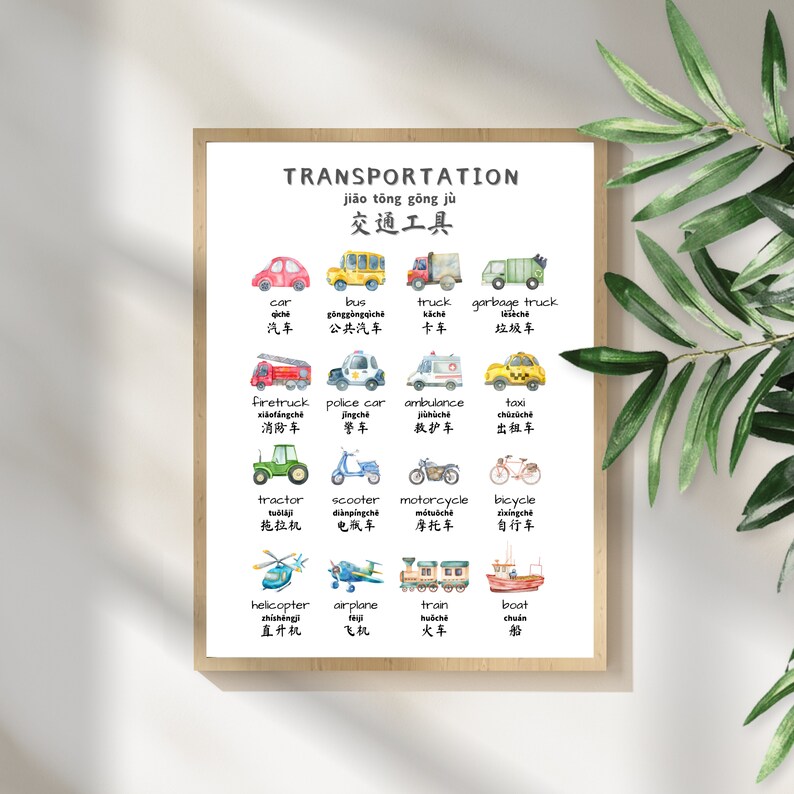 Transportation ENGLISH CHINESE Vehicles Bilingual Poster Transport ...