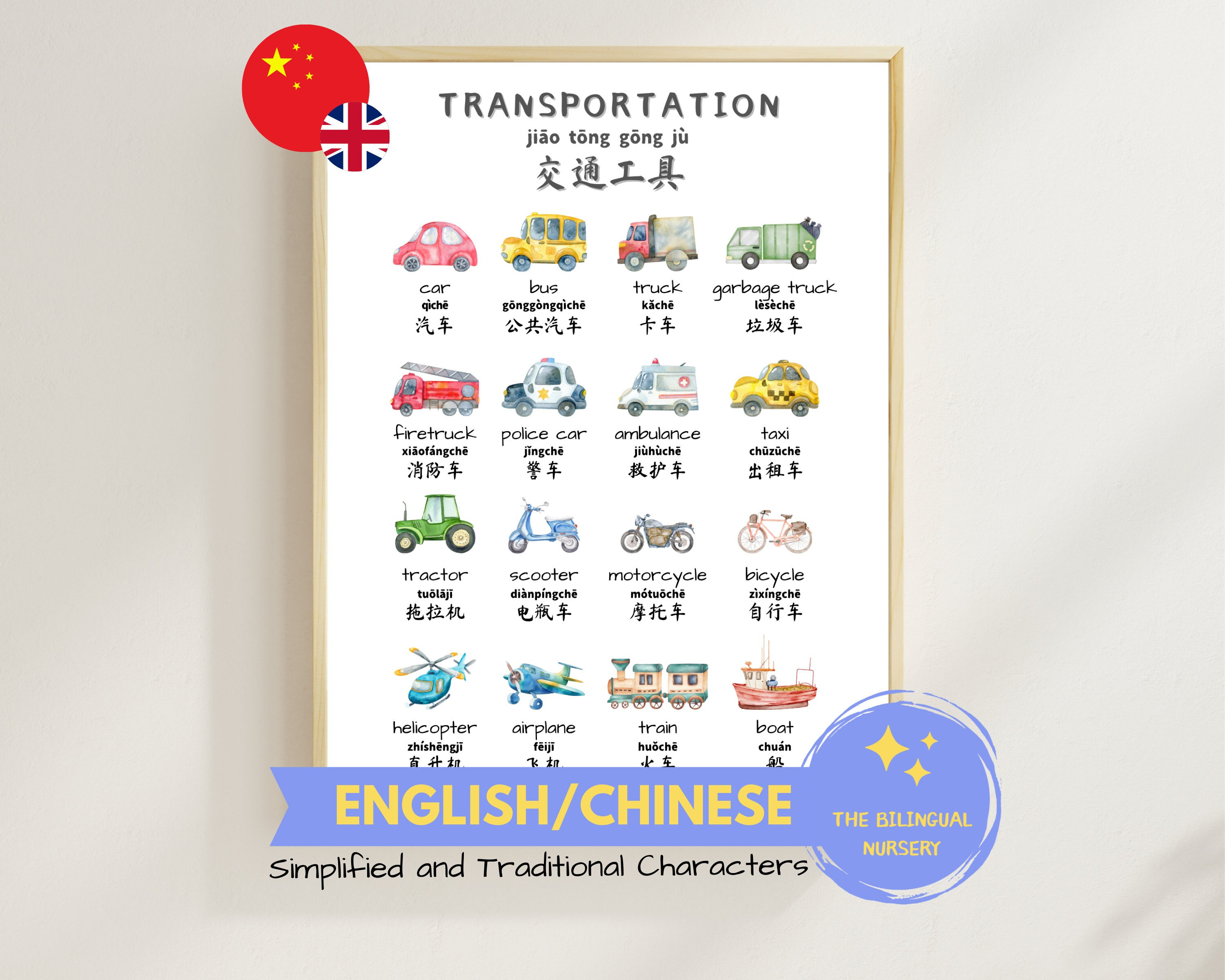 Transportation ENGLISH CHINESE Vehicles Bilingual Poster Transport ...