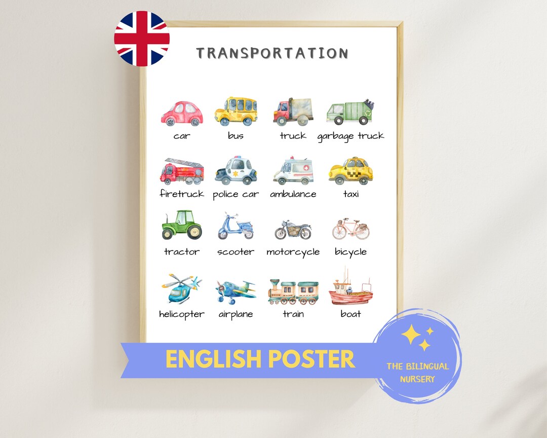 Transportation ENGLISH Vehicles Poster Cars Poster Homeschool Instant ...