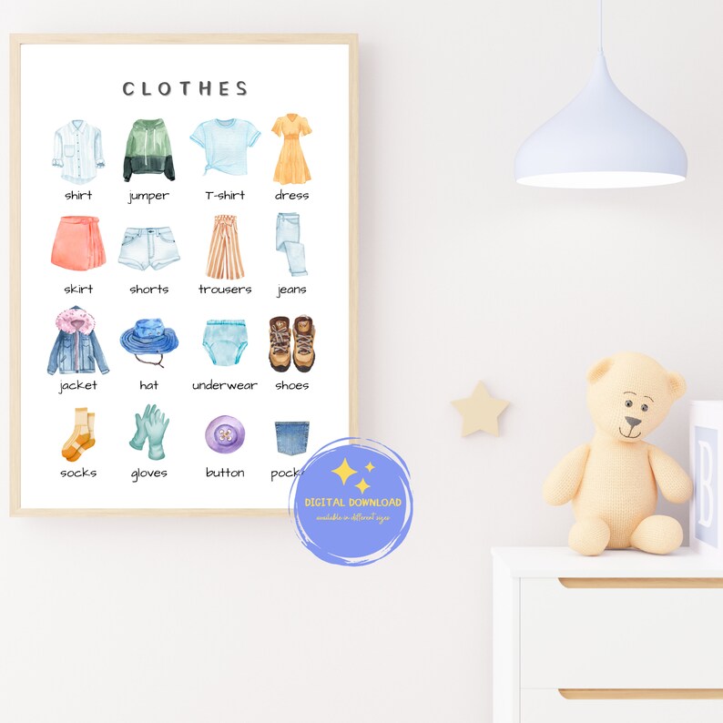 Clothes ENGLISH Poster Instant Download Montessori Kids Children ...