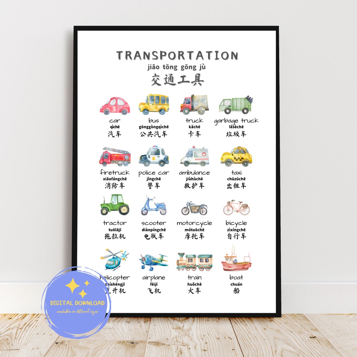 Transportation ENGLISH CHINESE Vehicles Bilingual Poster Transport ...