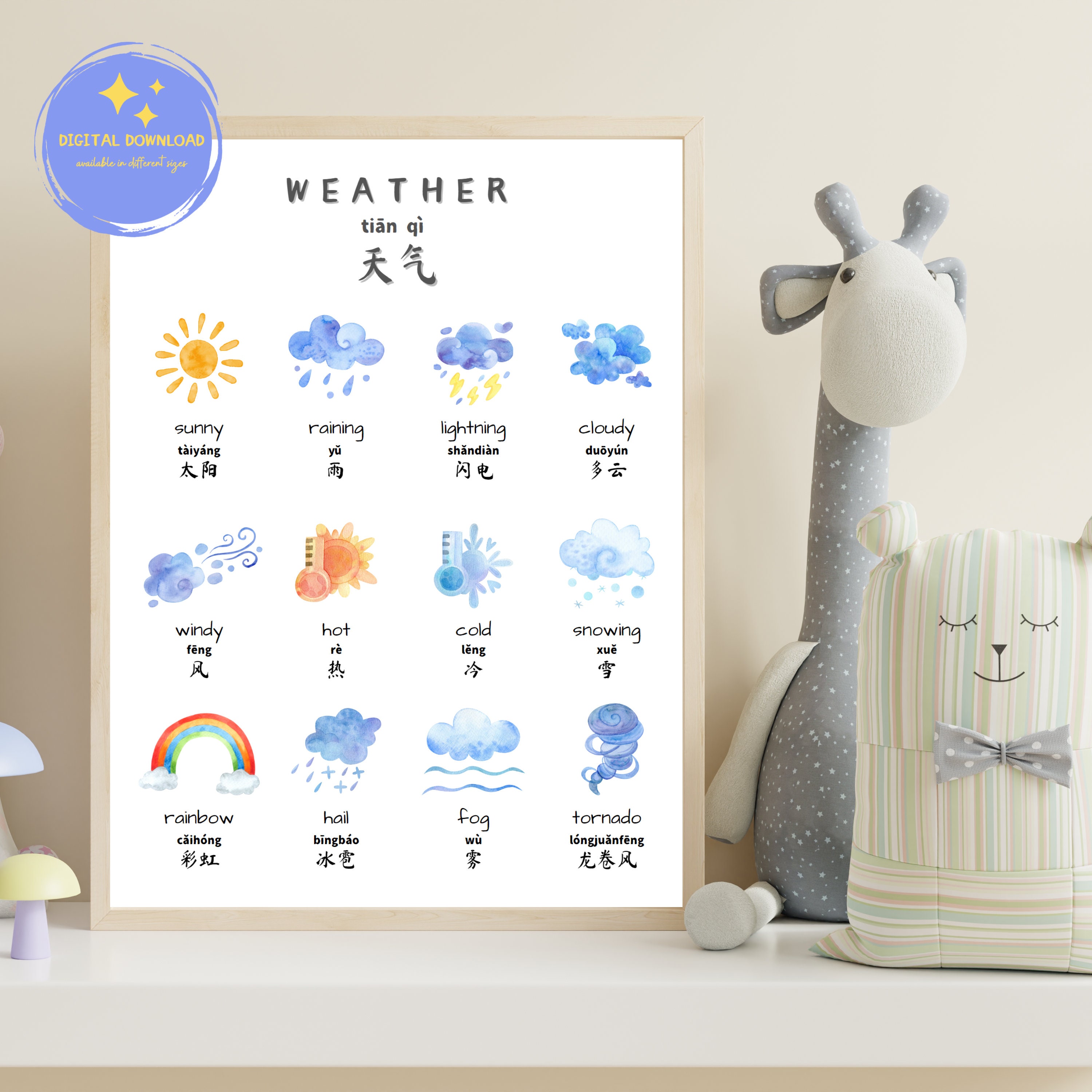 WEATHER ENGLISH/CHINESE Bilingual Instant Download Educational Poster ...