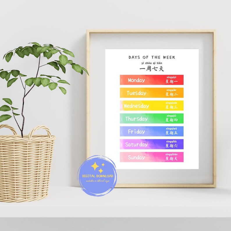 Days of the Week ENGLISH/CHINESE Bilingual Poster Instant Download ...