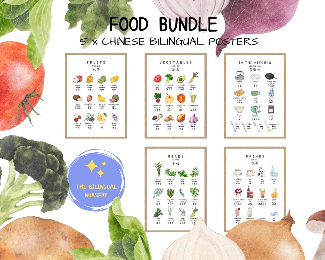 Food Bundle 5 Poster Pack ENGLISH/CHINESE Simplified Bilingual Food and ...