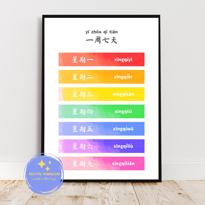 Days of the Week CHINESE MANDARIN SIMPLIFIED Poster Instant Download ...