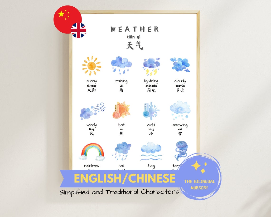 WEATHER ENGLISH/CHINESE Bilingual Instant Download Educational Poster ...