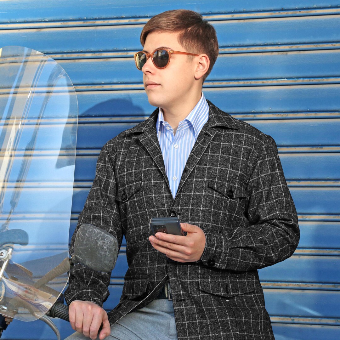 Men's Retro Shacket Jacket Black Windowpane Checkered 4 Flap Pocket ...