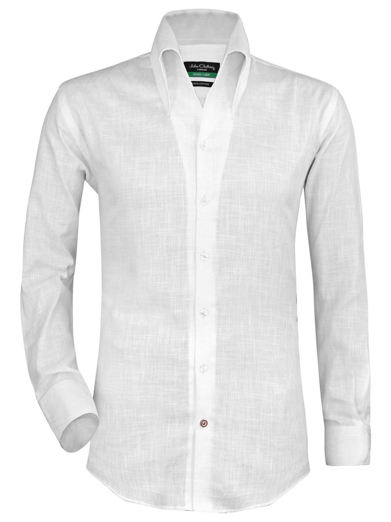 Men's Linen High Open Button-down Bow Collar White Shirt Ribbon Suit ...