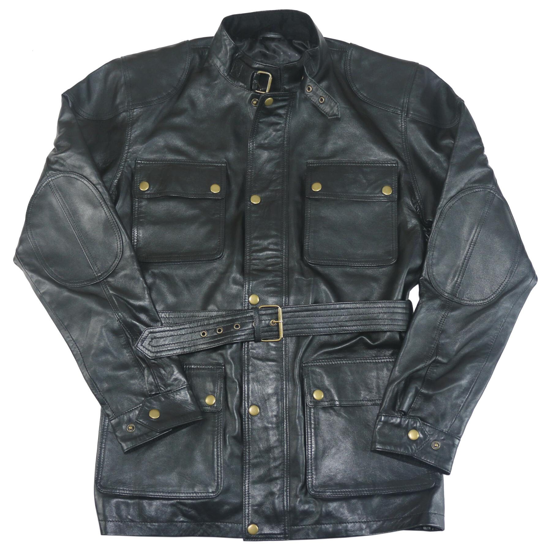 Black Panther Jacket Men's Genuine Leather Waist Belt 4 Pocket Military ...