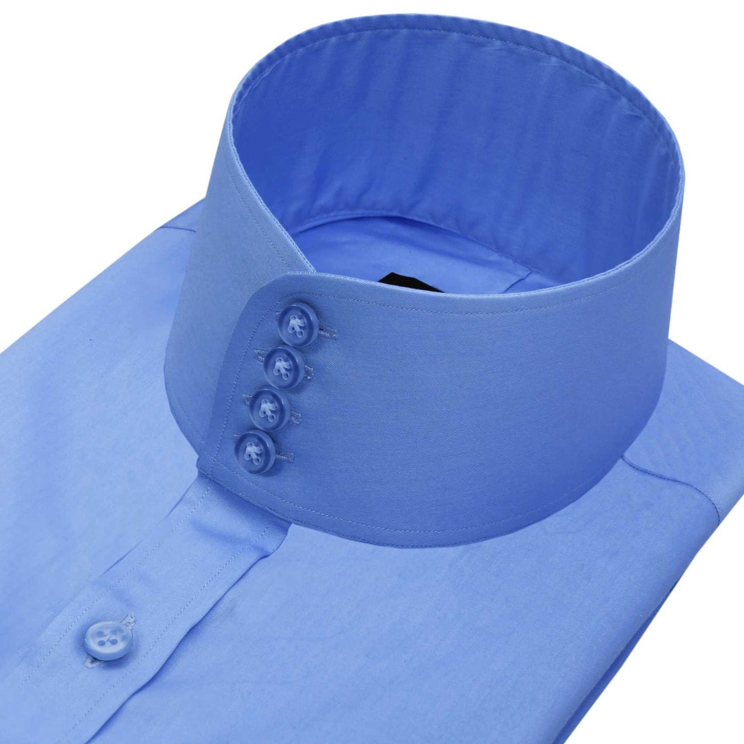 Chinese Mandarin Style Collar Asian Mao Collar Shirt Plain Blue Formal ...