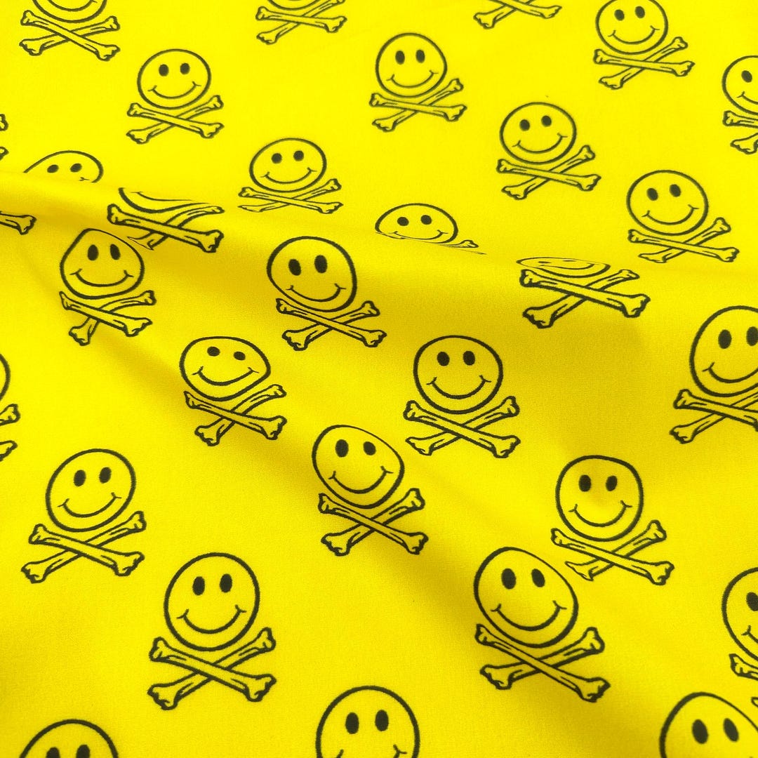 Funky Gothic Neon Yellow Smiley Skull & Crossbones Cotton Fabric for ...