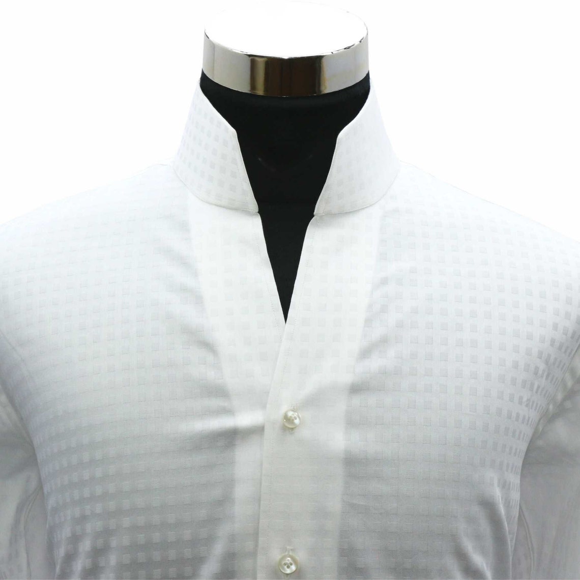 High Open V Collar White Checks Dress Shirt Men's Pure Cotton Standup ...