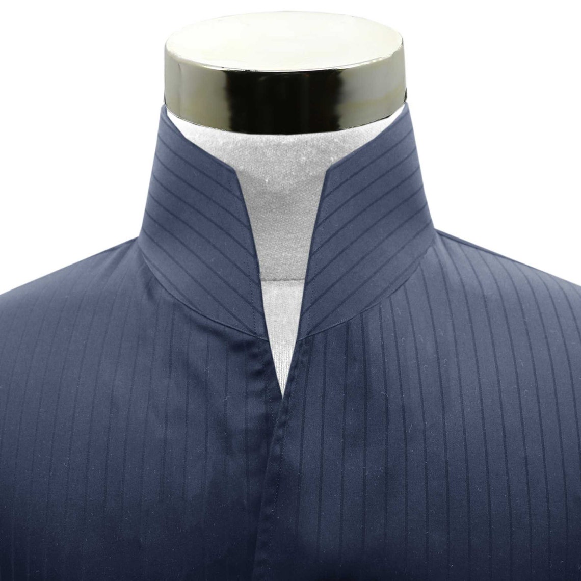 High Open V Collar Tall Neck Shirt Navy Blue Pure Cotton Dress Shirt ...