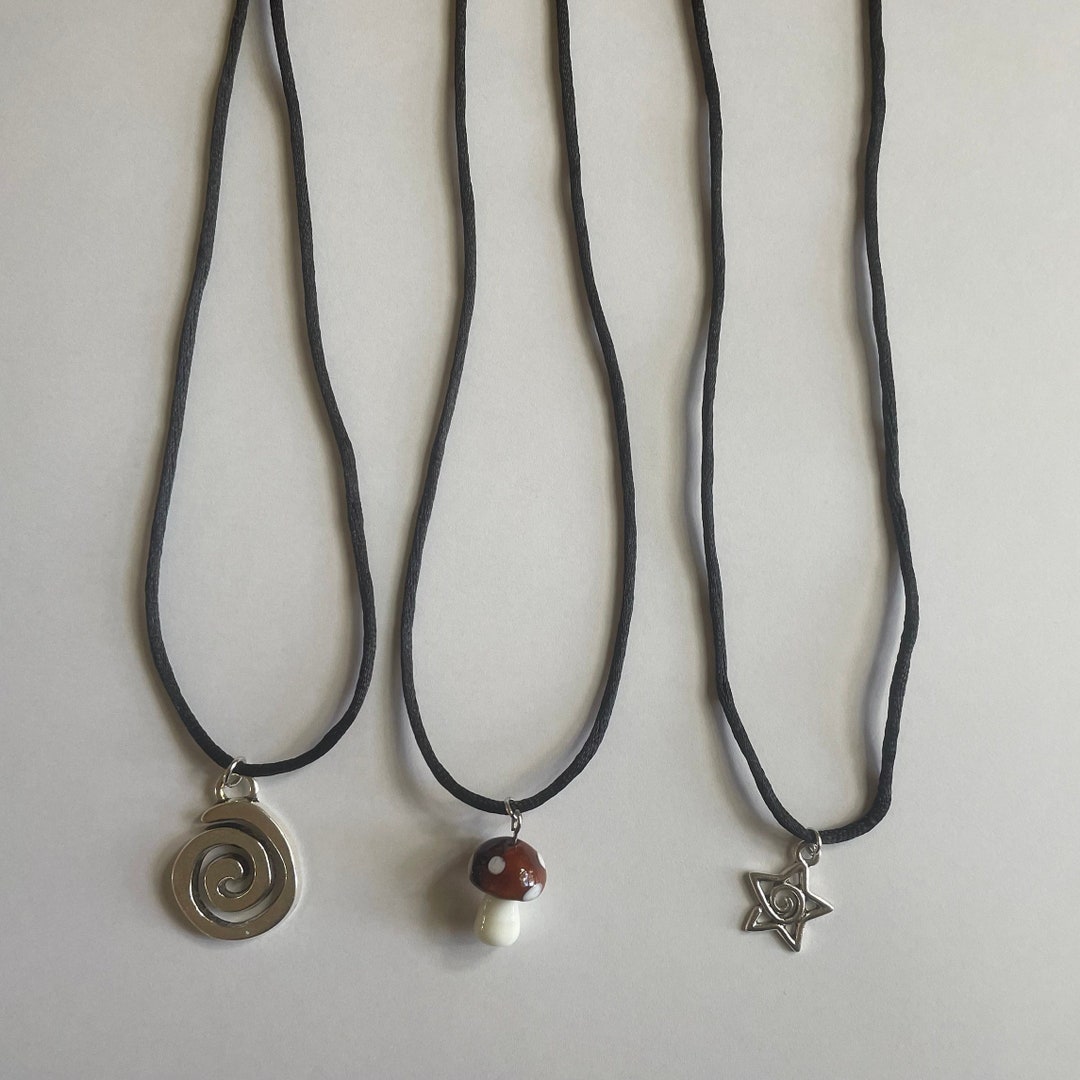 Simple String Necklaces Glass Mushroom, Silver Spiral, Silver Star ...