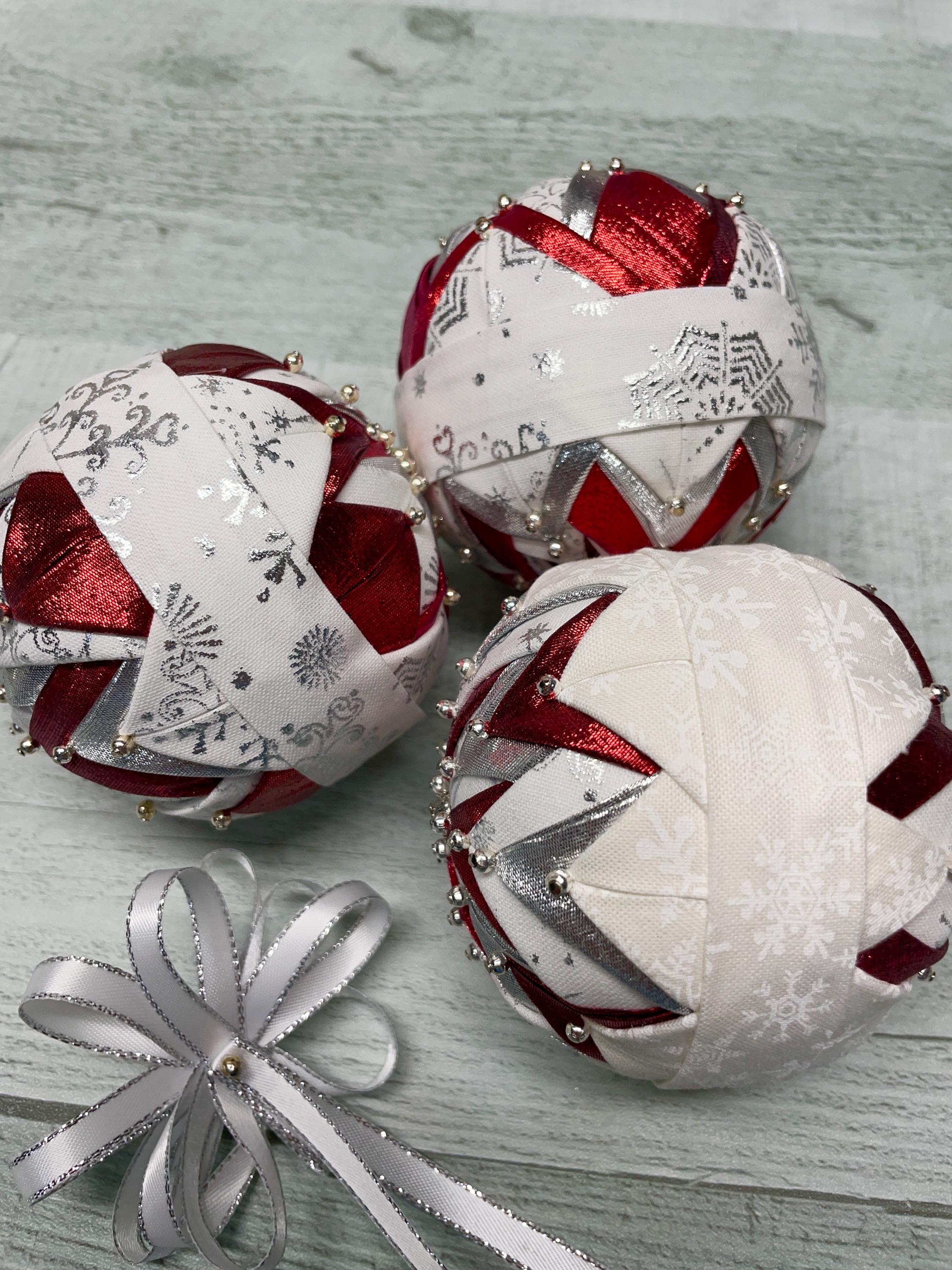 SET of Three (3) Metallic RED Folded Fabric Ornament Ball for ...
