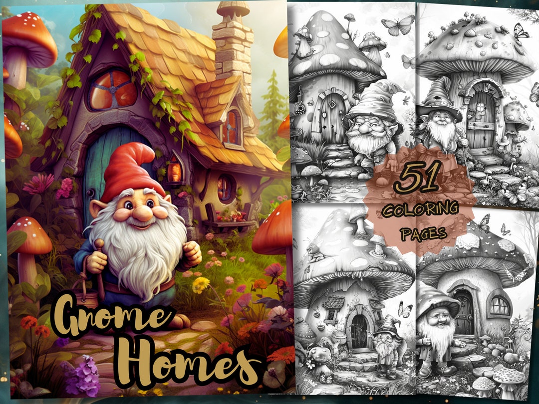 50 Gnome Fairy House Coloring Book Page, Adults Kids - Grayscale ...