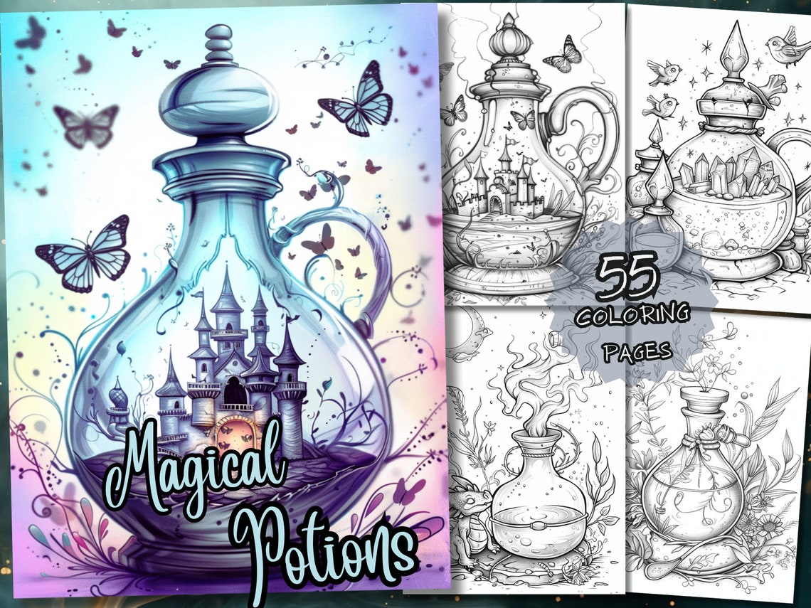 55 Magical Potion Coloring Pages- Adult+kids Coloring Book, Sheets ...