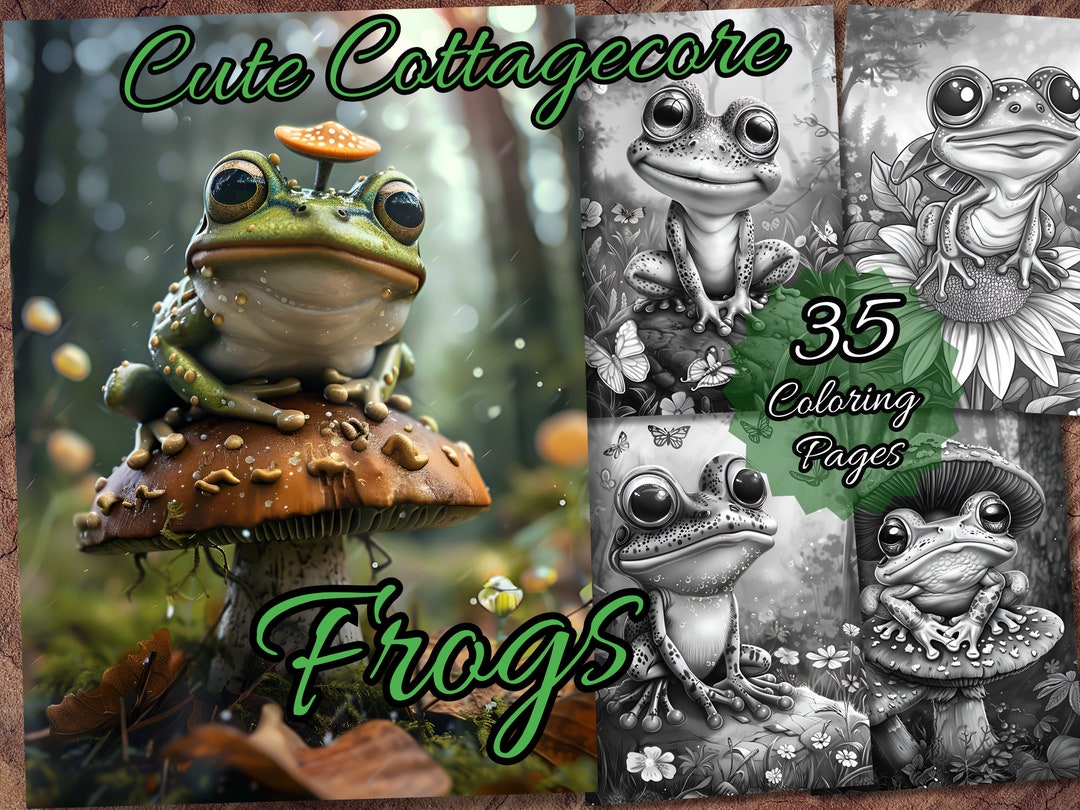 35 Cute Cottagecore Frogs Coloring Book Collection | Frog Grayscale ...