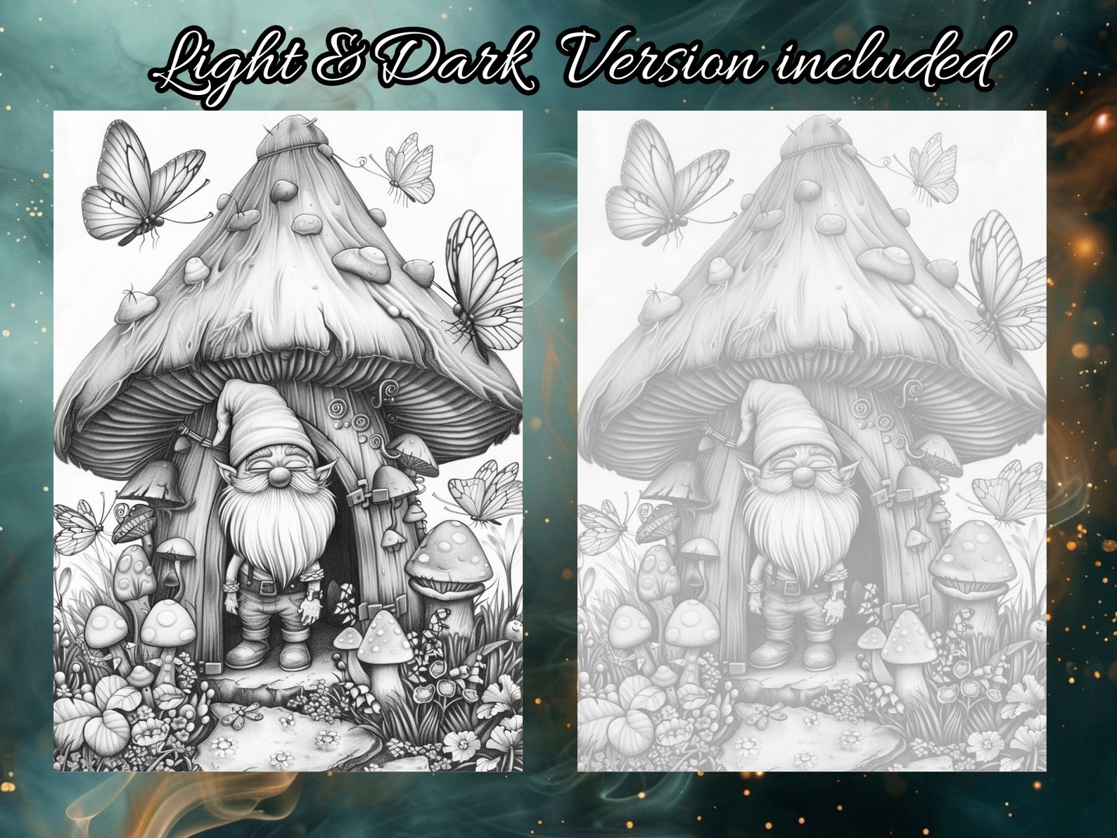 50 Gnome Fairy House Coloring Book Page, Adults Kids - Grayscale ...