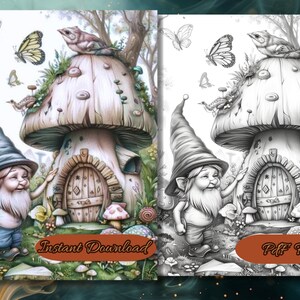 50 Gnome Fairy House Coloring Book Page, Adults Kids - Grayscale ...