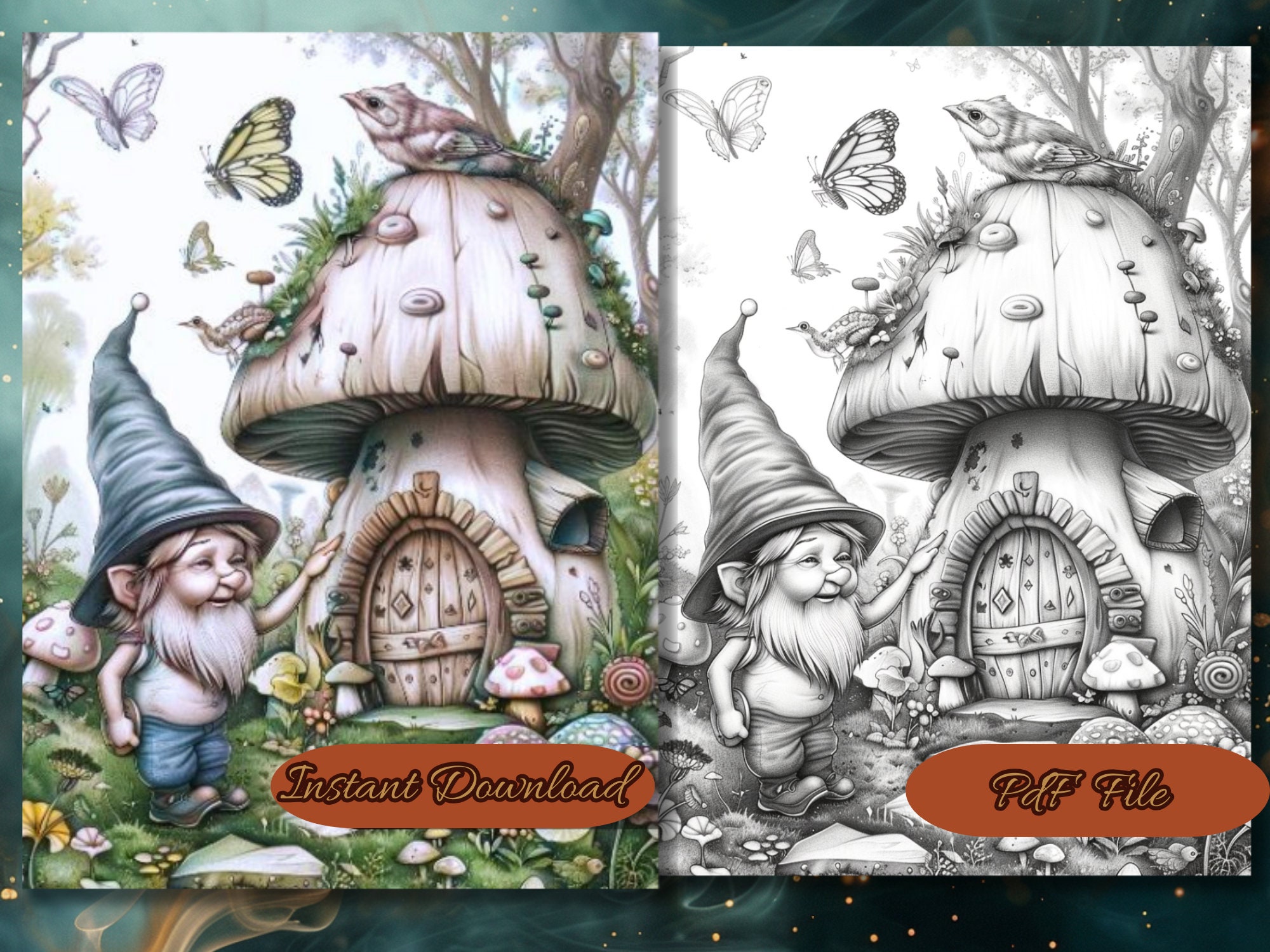 50 Gnome Fairy House Coloring Book Page, Adults Kids - Grayscale ...