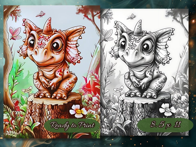 34 Cute Baby Dinosaur Fantasy Coloring Page Book, Adults + Kids ...