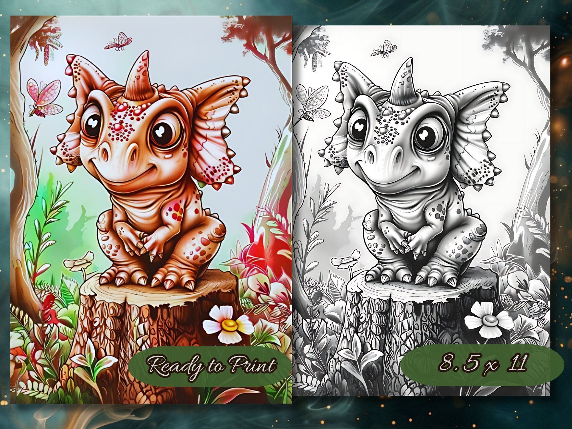 34 Cute Baby Dinosaur Fantasy Coloring Page Book, Adults + Kids ...