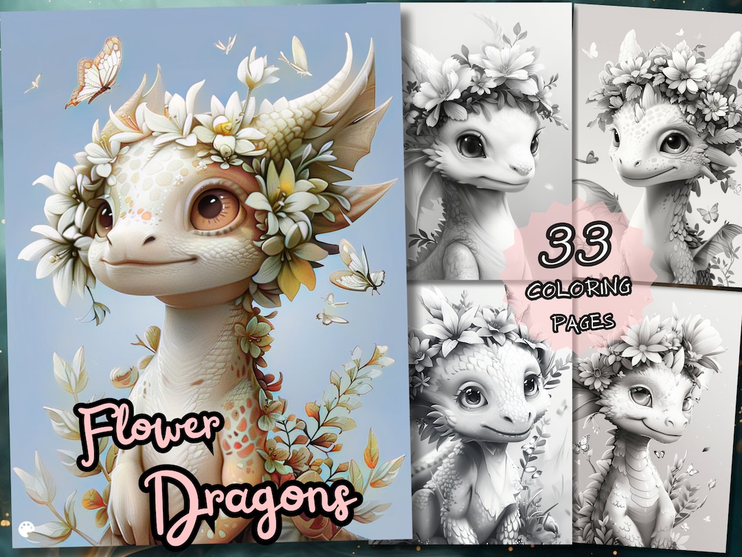 33 Cute Baby Flower Dragon Fantasy Coloring Page Book, Baby Woodland ...