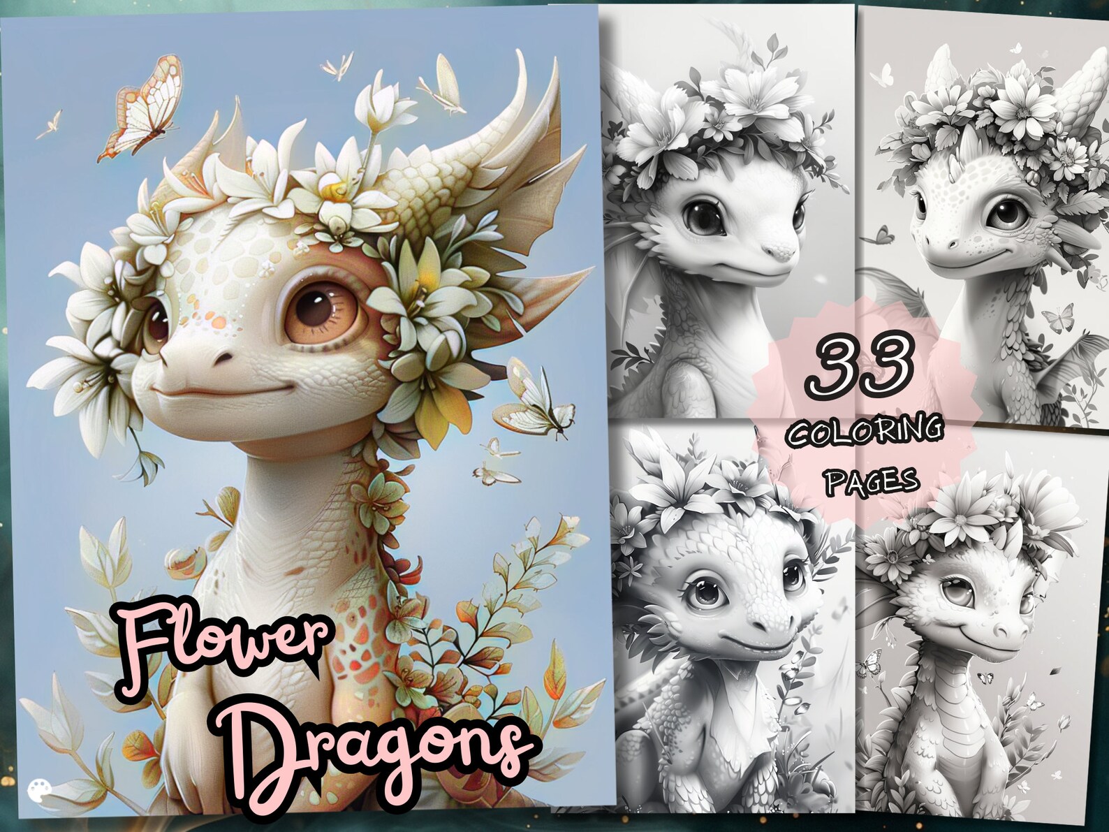 33 Cute Baby Flower Dragon Fantasy Coloring Page Book, Baby Woodland ...