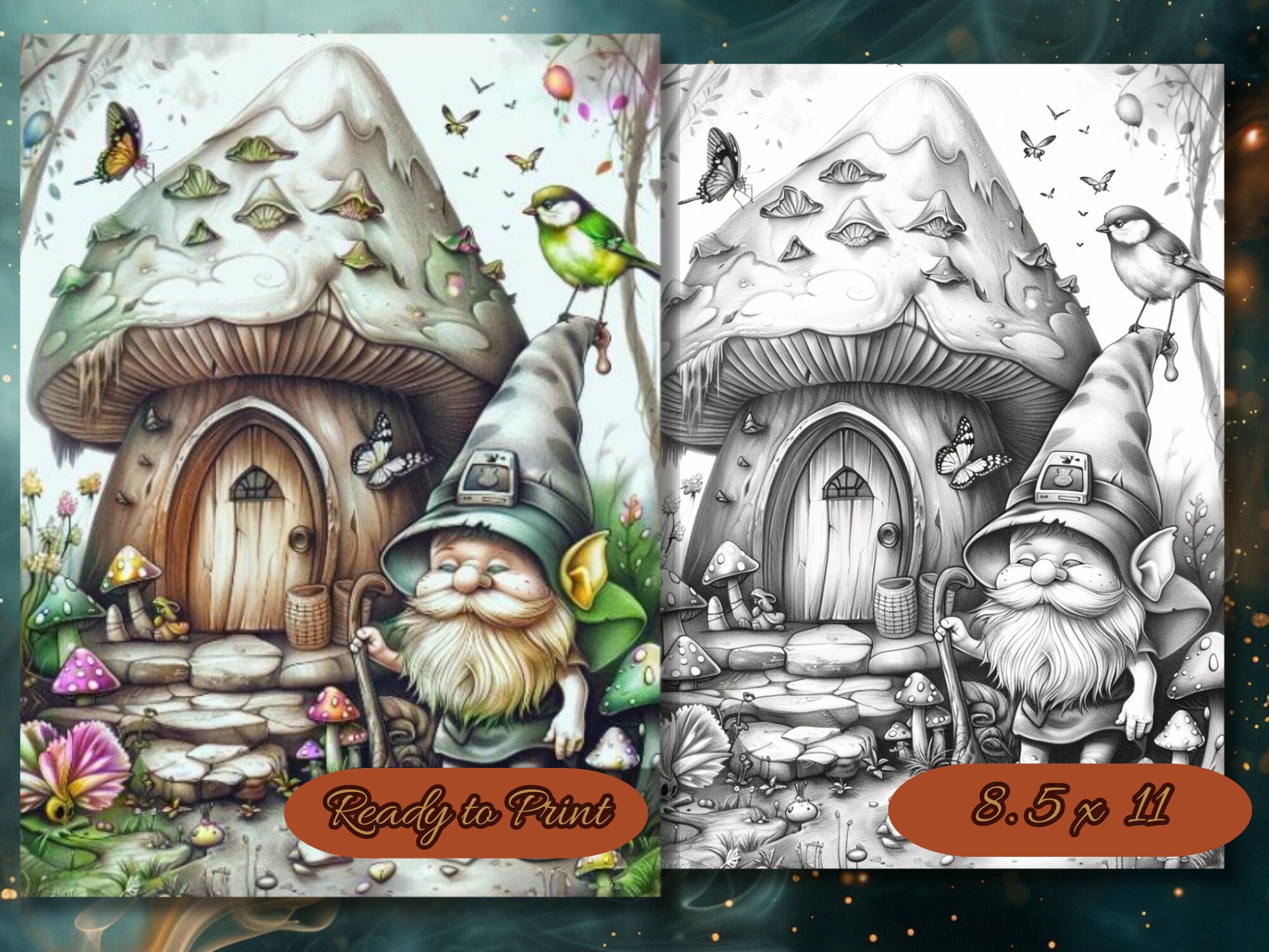 50 Gnome Fairy House Coloring Book Page, Adults Kids Grayscale Coloring ...