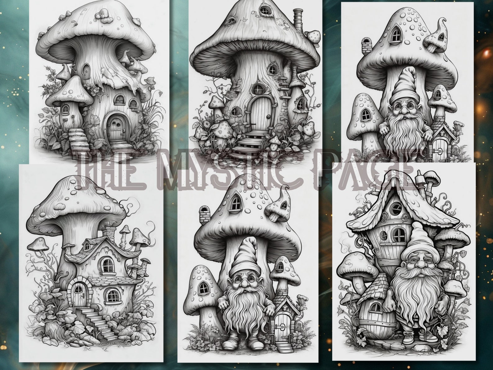 50 Gnome Fairy House Coloring Book Page, Adults Kids - Grayscale ...