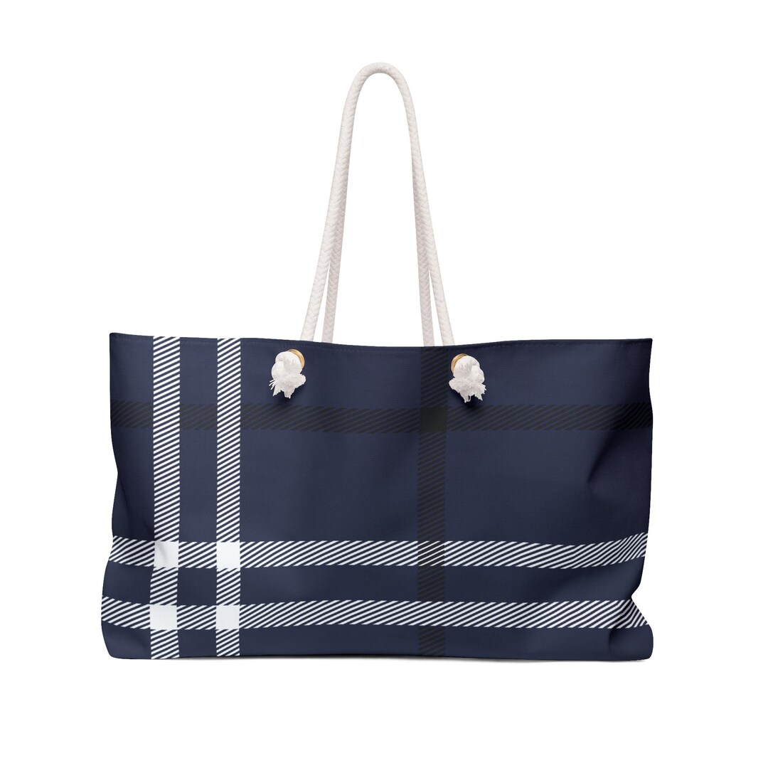 Navy Blue Plaid Weekender Bag, Plaid Tote Travel Bag, Bridal Party Gift ...