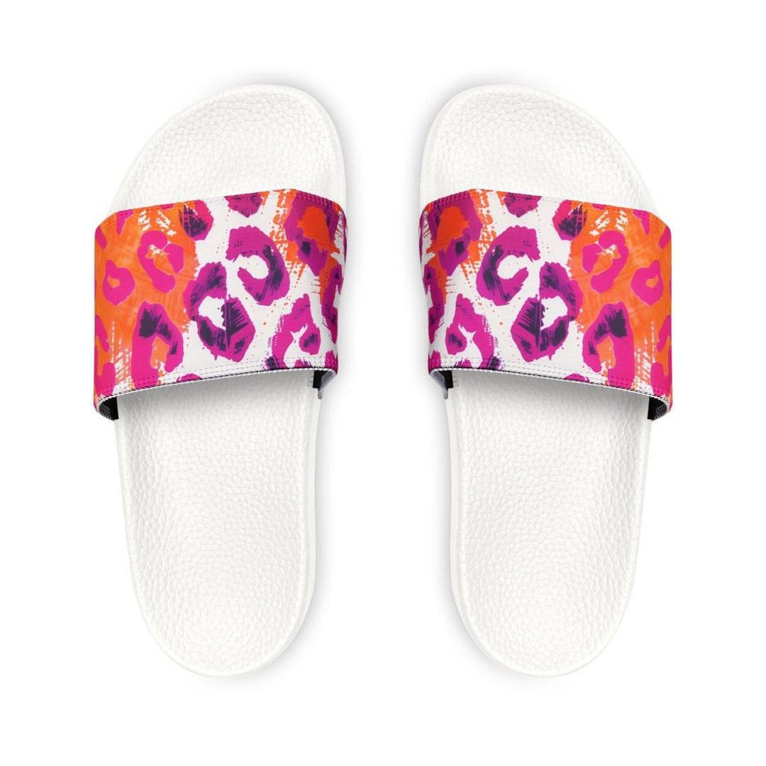 Bright Orange and Hot Pink Cheetah Custom Slides, Removable Straps ...