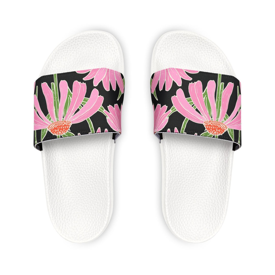 Pink and Green Floral Black Custom Slides, Summer Slides, Slides, Pool ...