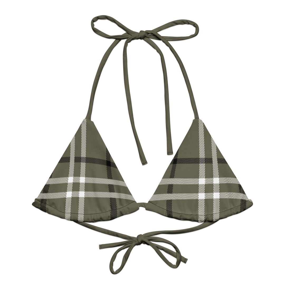 Khaki Green Plaid Recycled String Bikini Top, Swimwear Separates, Multi ...