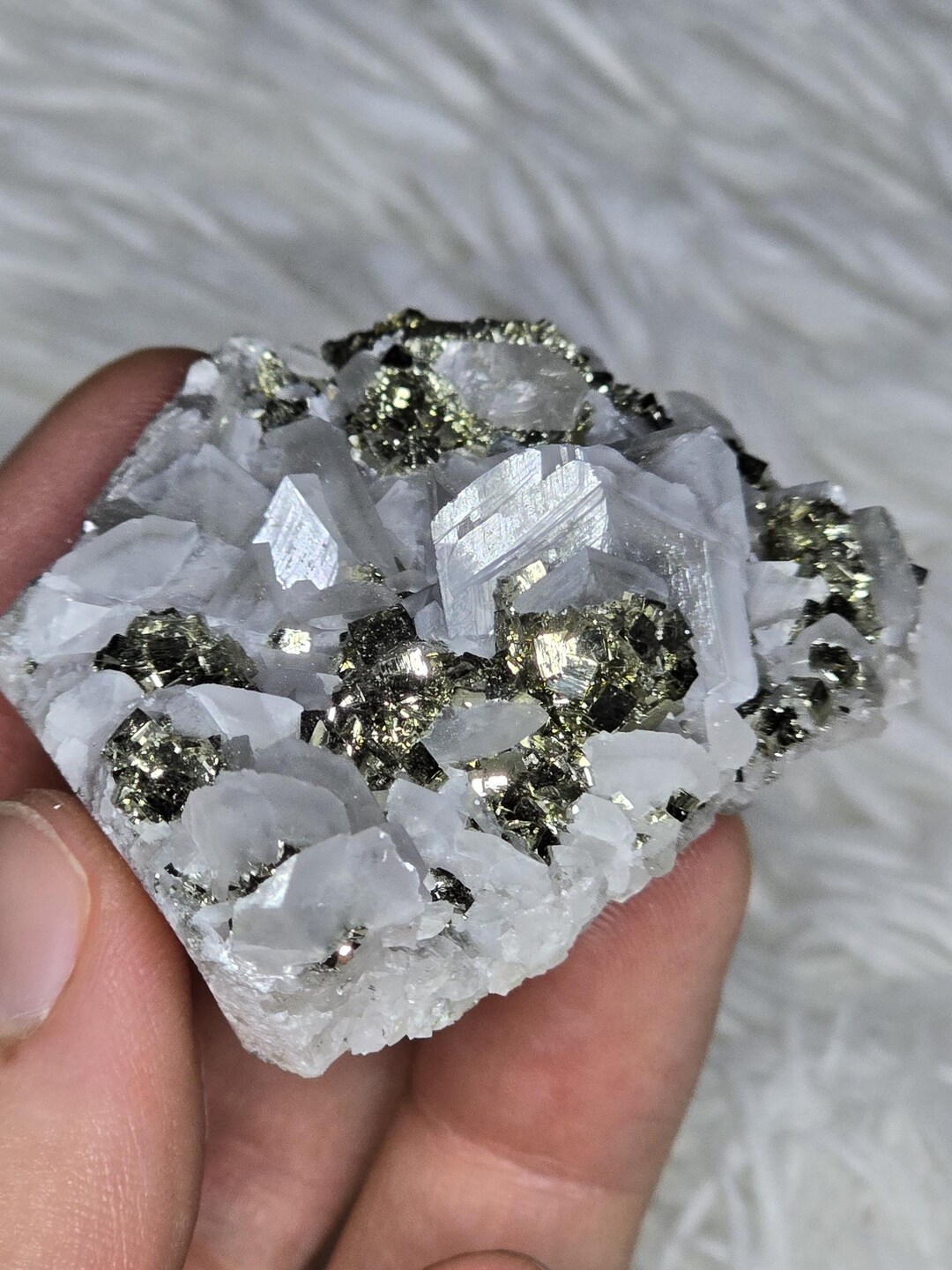 Pyrite on White Rose Calcite, UV Reactive Pink, Benz Calcite Golden ...