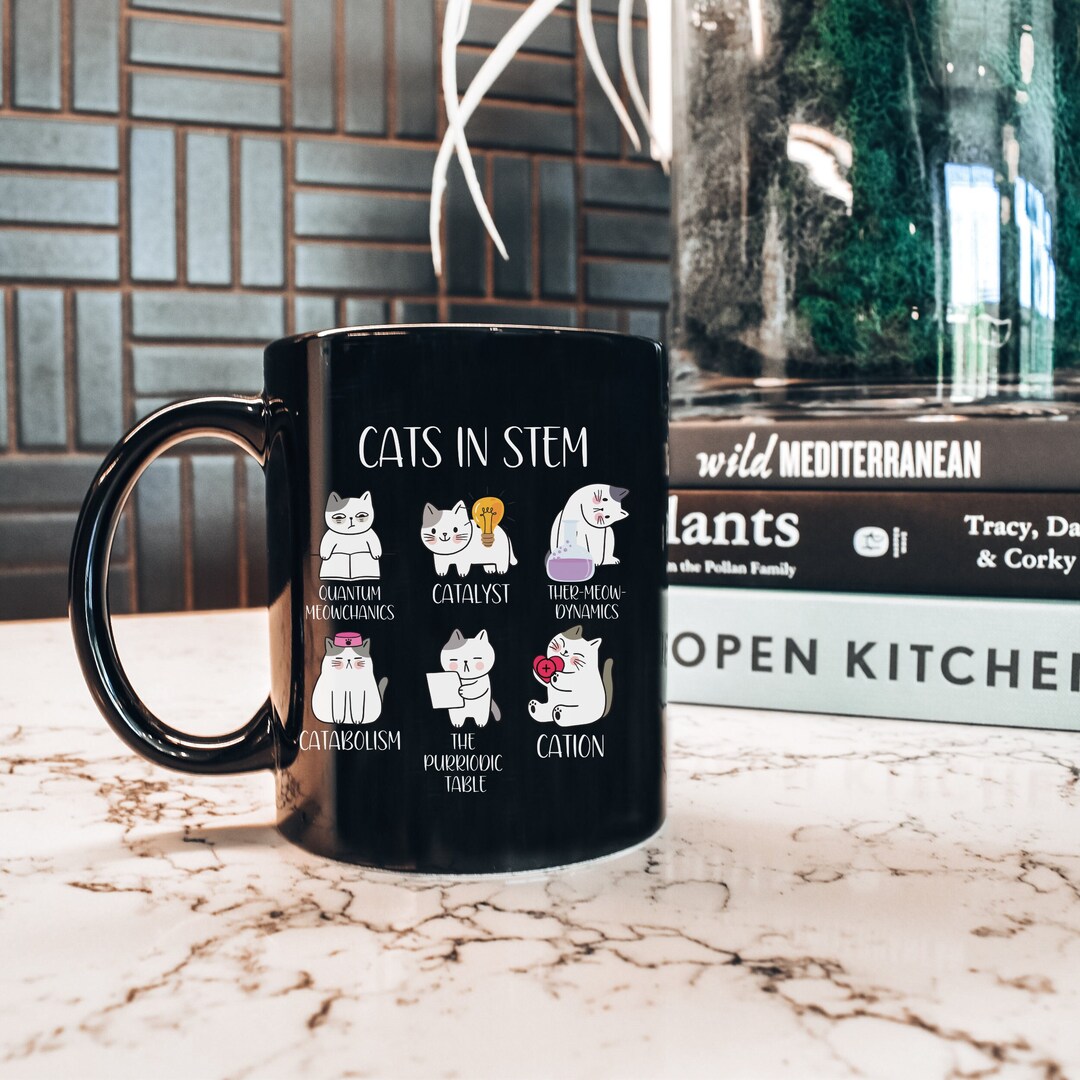 Cats in STEM Science Cat Black Mug, Cute Funny Cat Lover Scientist ...