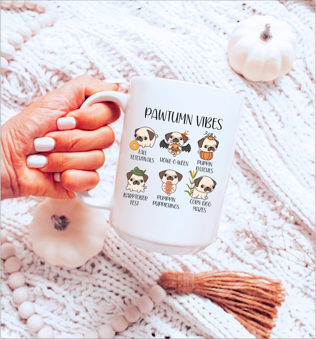 Pug Dog Fall Mug, Pawtumn Vibes Fall Vibes Pug Puns Mug, Gift for Pug ...