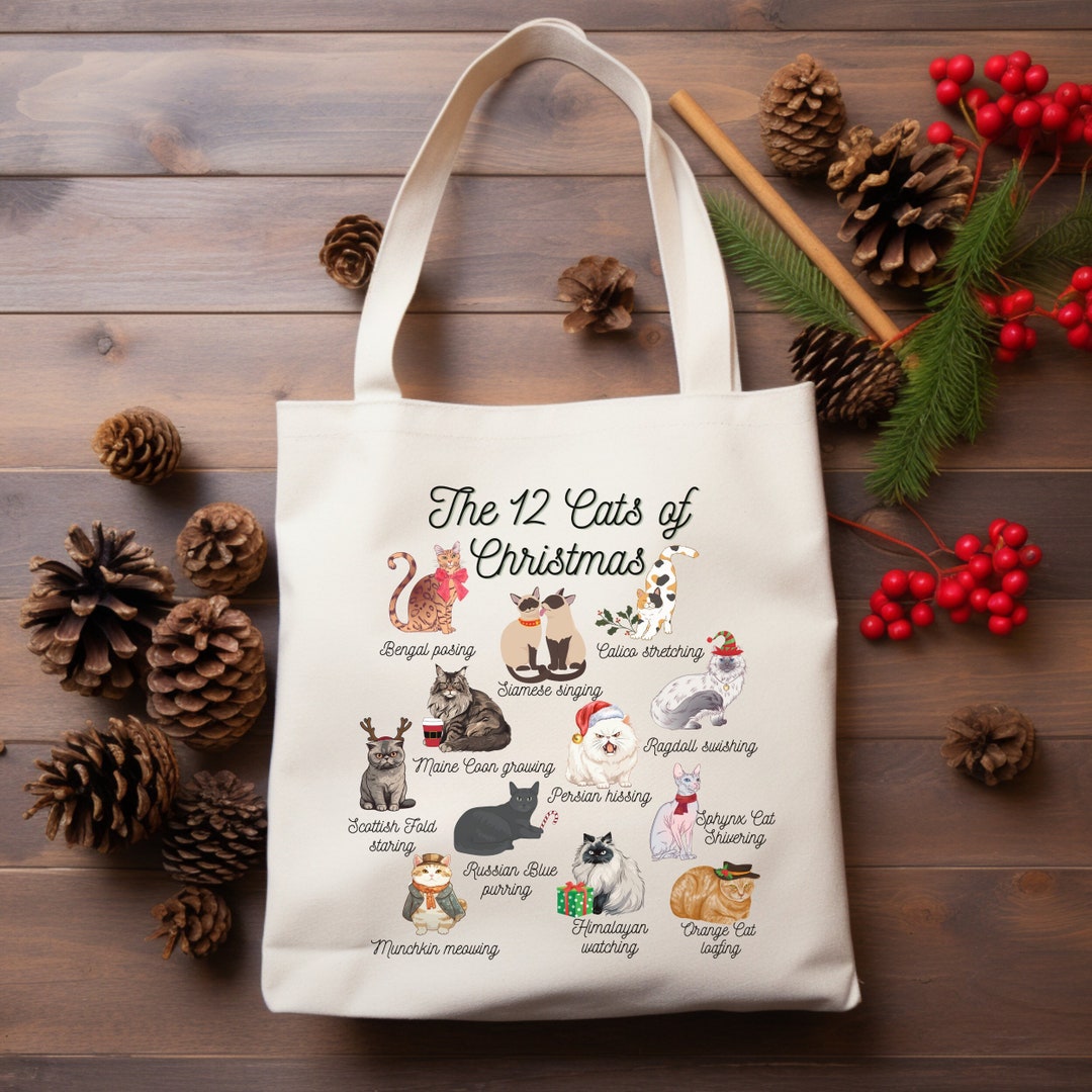 12 Cats of Christmas Tote Bag, Christmas Cat Gift, Cat Stocking Stuffer ...