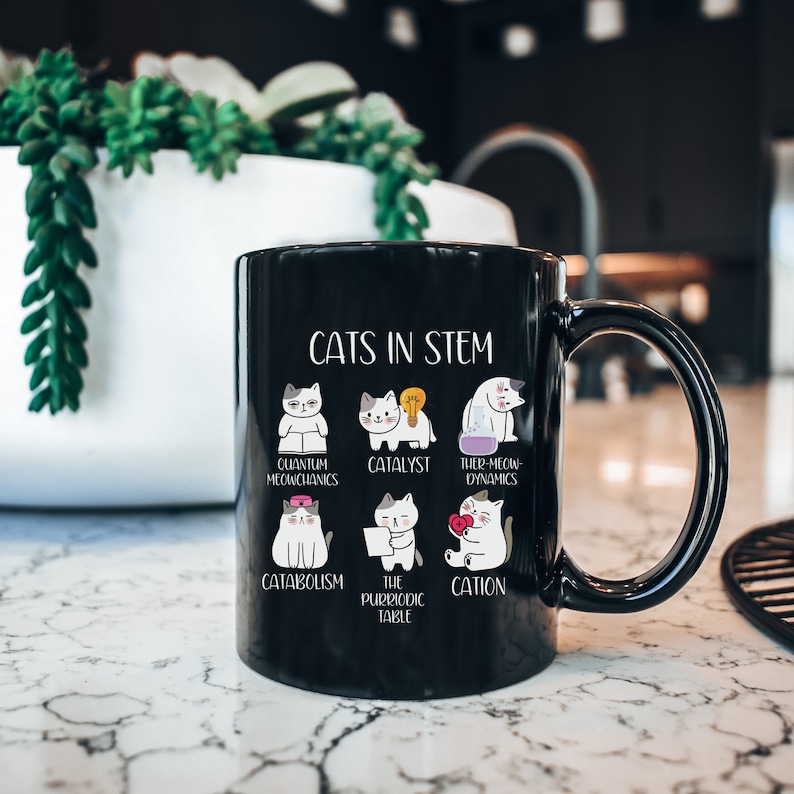 Cats in STEM Science Cat Black Mug, Cute Funny Cat Lover Scientist ...