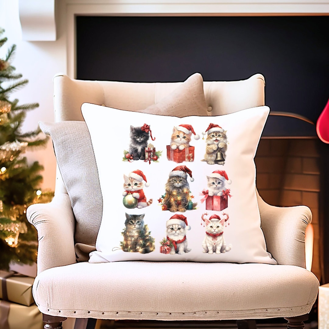 Cute Festive Cats Meowy Christmas Throw Pillow, Farmhouse, Cat Lover ...