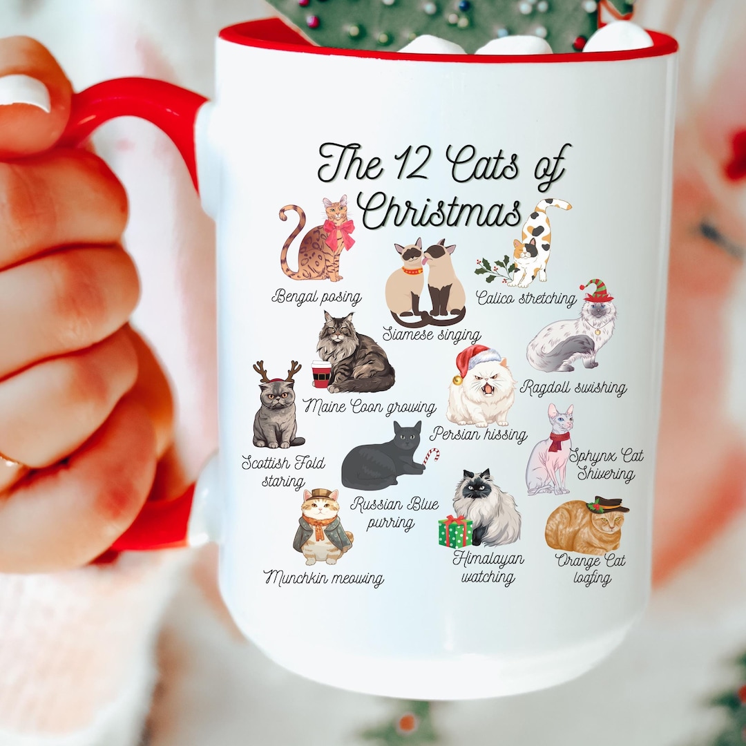12 Cats of Christmas Mug, Cute Holiday Cat Breeds Christmas Cat Puns ...